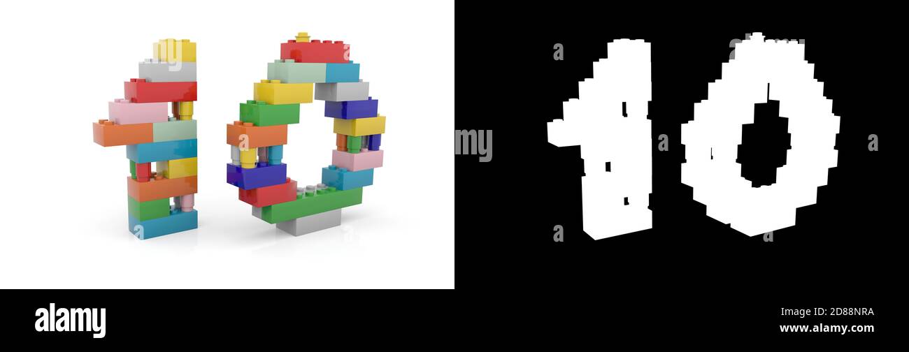 Colorful toy plastic number ten (number 10) from building bricks with ...