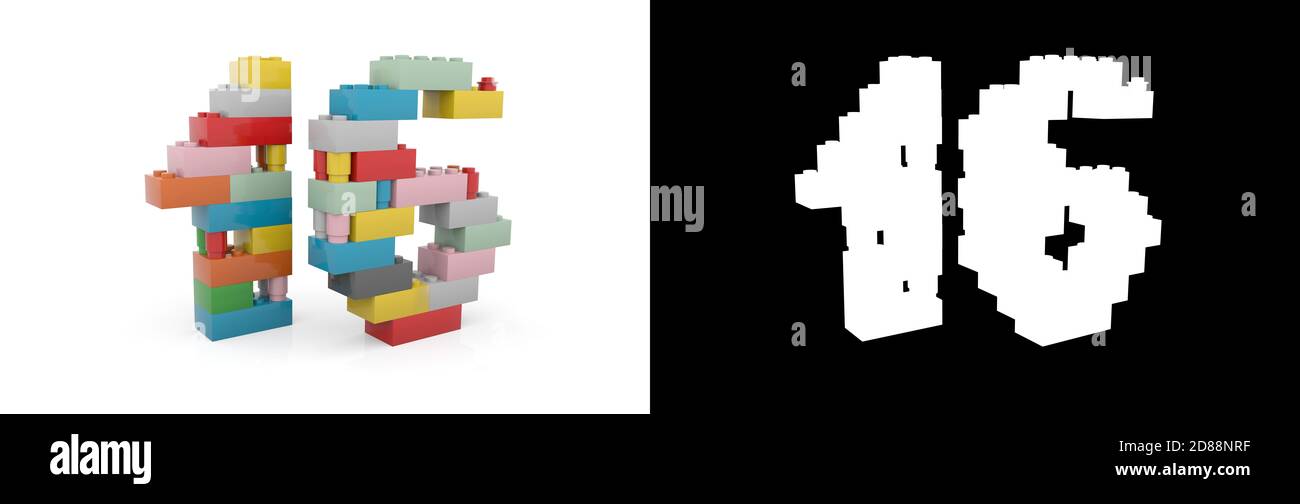 Colorful toy plastic number sixteen (number 16) from building bricks ...