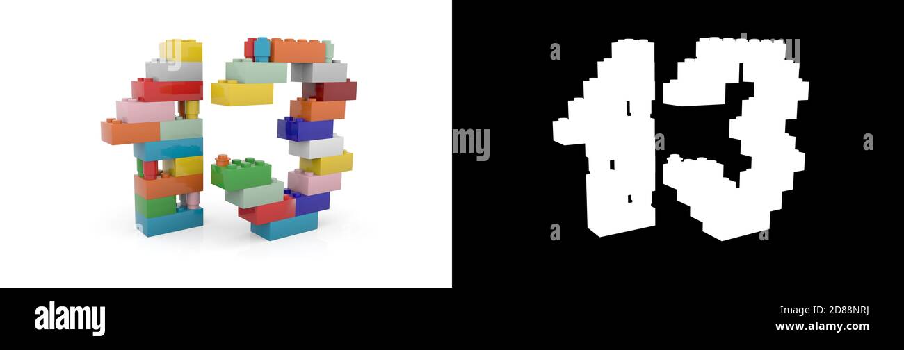 Colorful toy plastic number thirteen (number 13) from building bricks ...