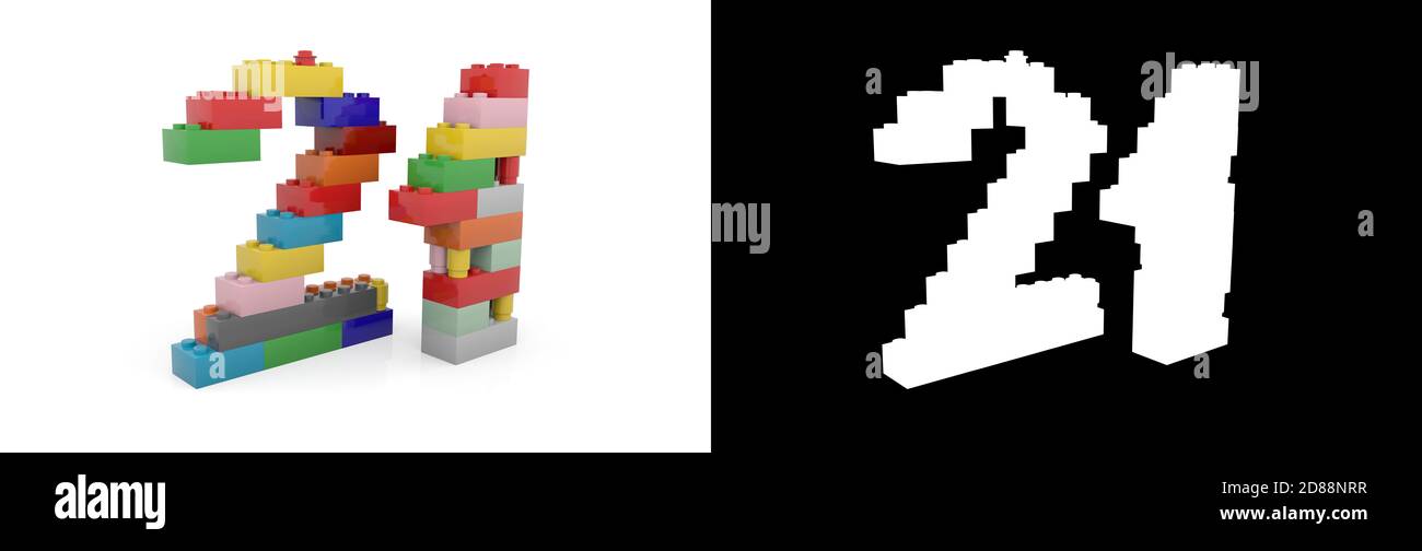 Colorful toy plastic number twenty-one (number 21) from building bricks ...