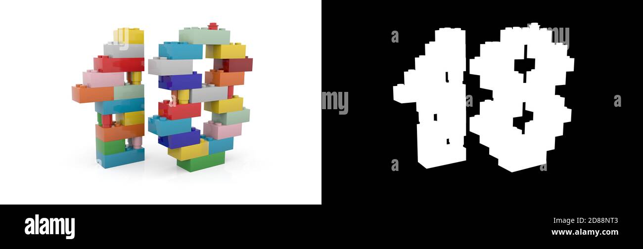 Colorful toy plastic number eighteen (number 18) from building bricks ...