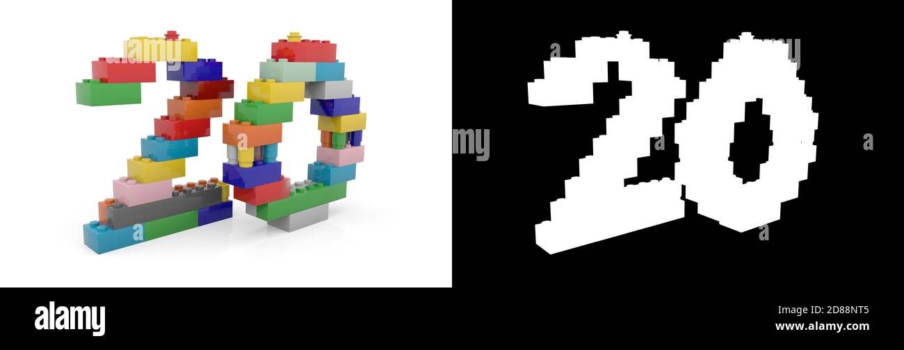 Colorful toy plastic number twenty (number 20) from building bricks ...