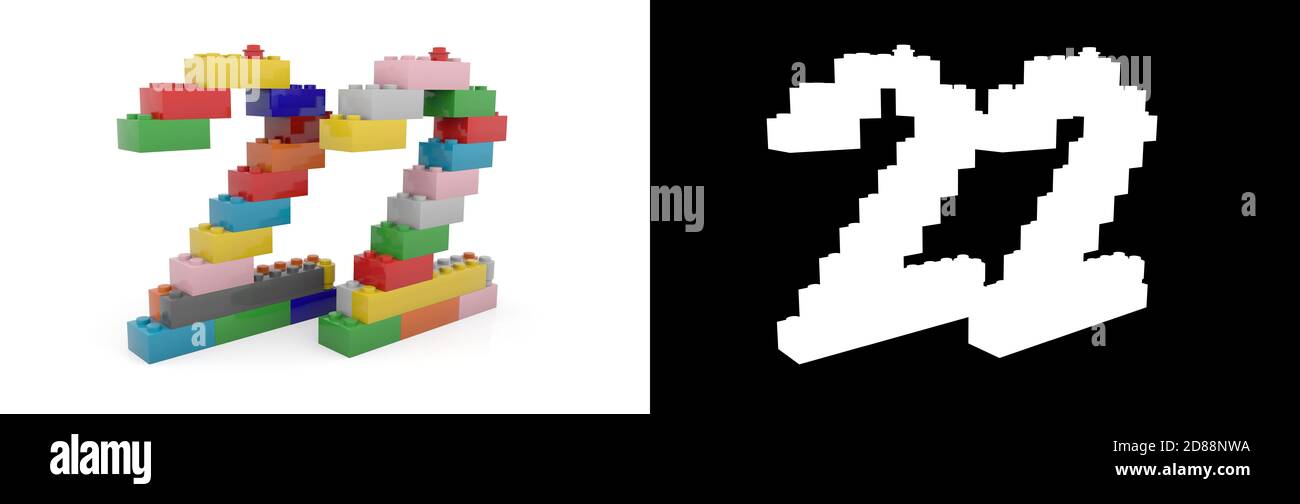 Colorful toy plastic number twenty-two (number 22) from building bricks ...