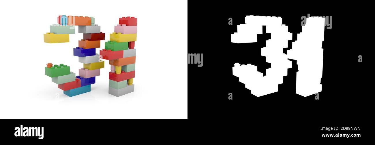 Colorful toy plastic number thirty-one (number 31) from building bricks ...