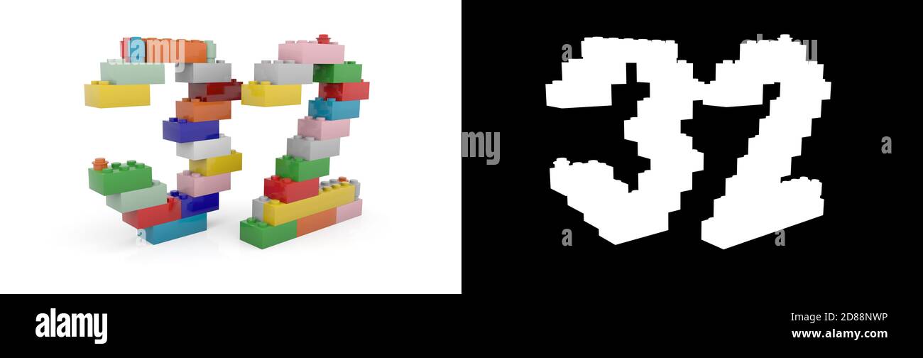 Colorful toy plastic number thirty-two (number 32) from building bricks ...