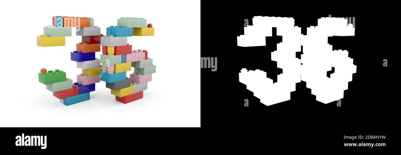 Colorful toy plastic number thirty-six (number 36) from building bricks ...