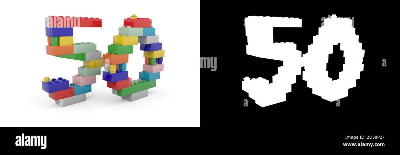 Colorful toy plastic number fifty (number 50) from building bricks with ...