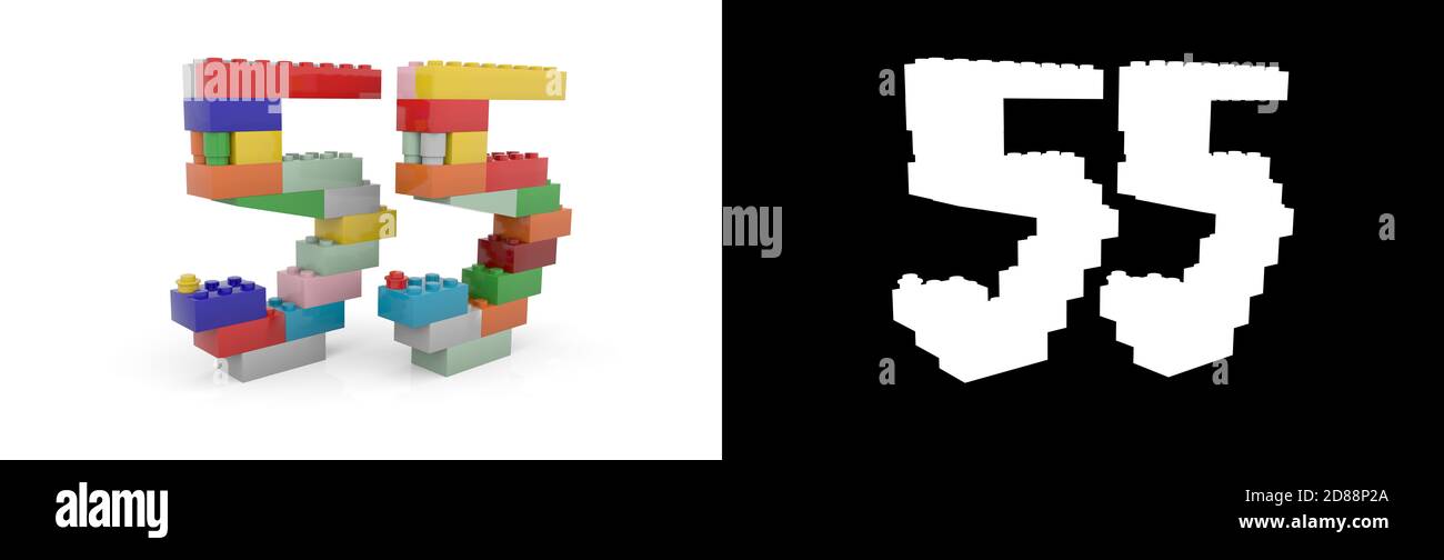 Colorful toy plastic number fifty-five (number 55) from building bricks ...