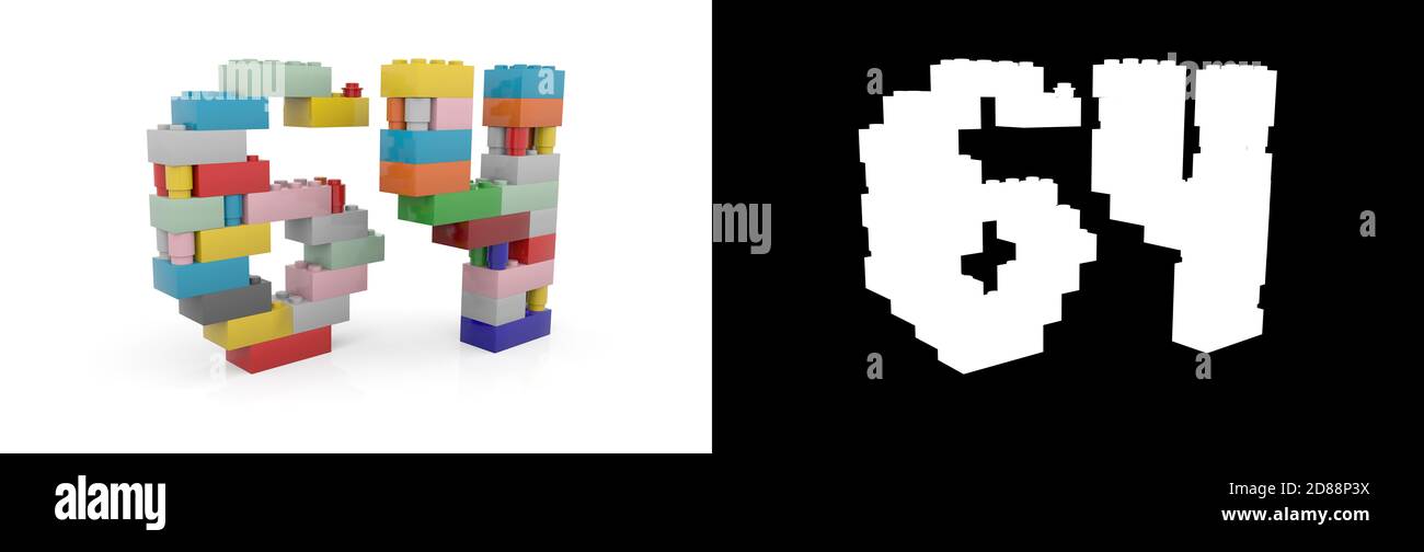 Colorful toy plastic number sixty-four (number 64) from building bricks ...