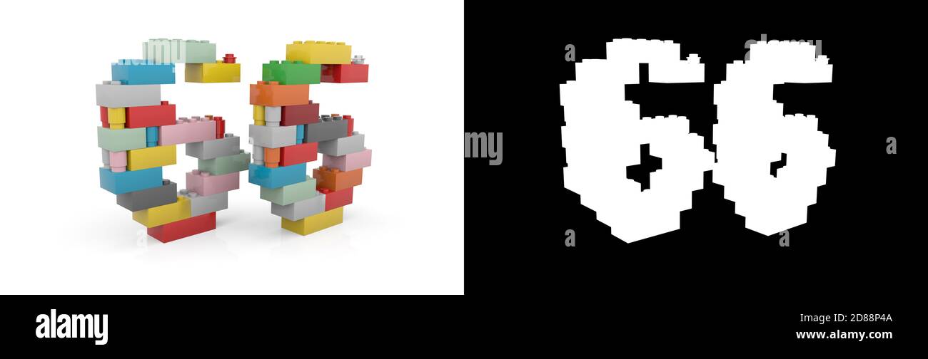 Colorful toy plastic number sixty-six (number 66) from building bricks ...