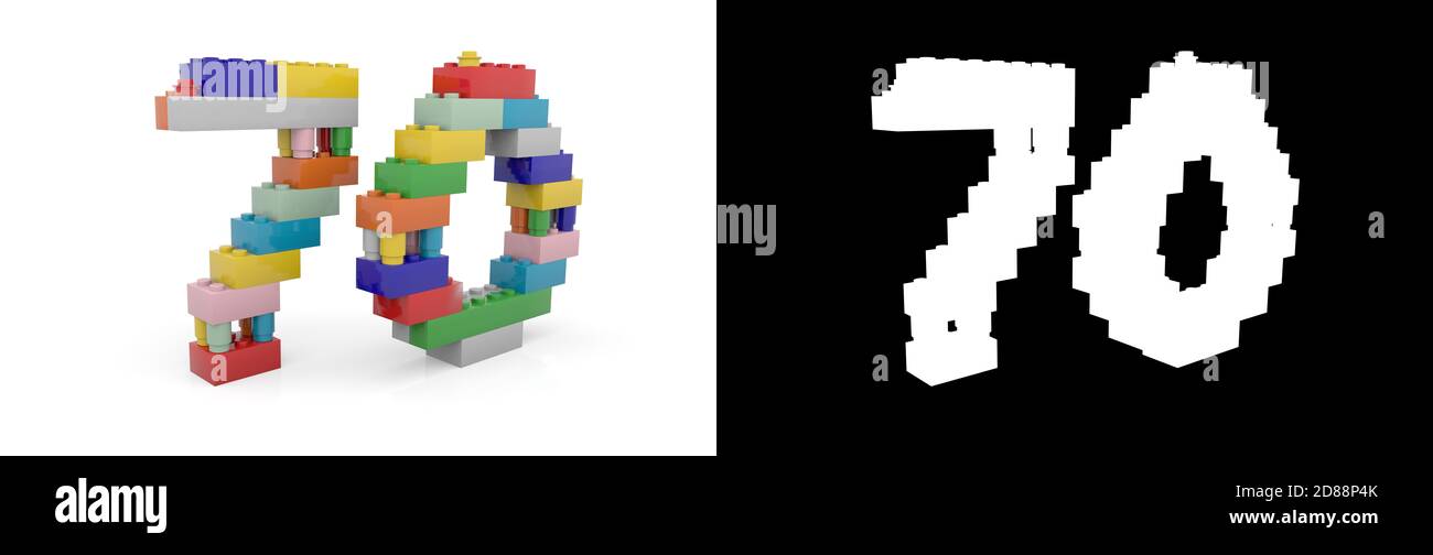 Colorful toy plastic number seventy (number 70) from building bricks ...