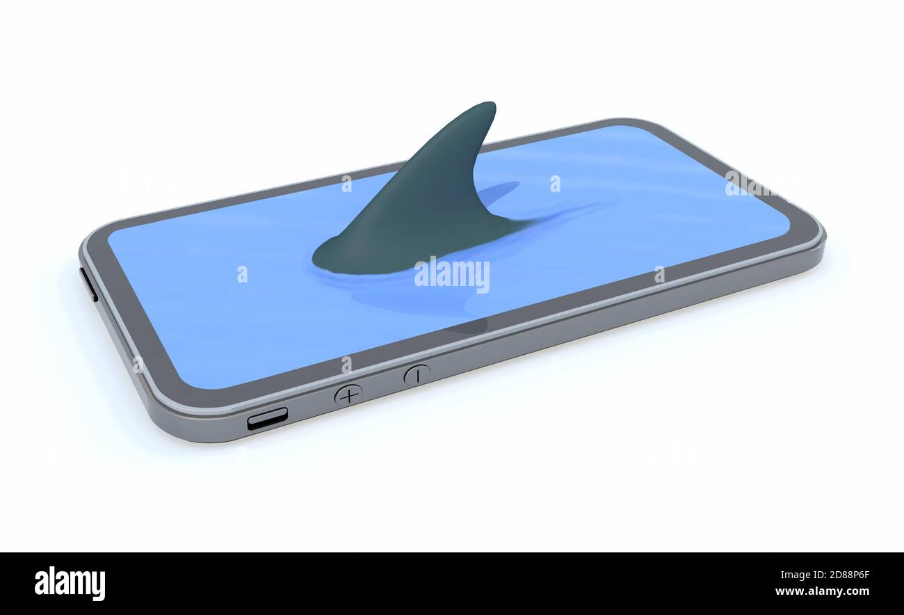 Shark fin in smartphone display, online predator concept, 3d ...