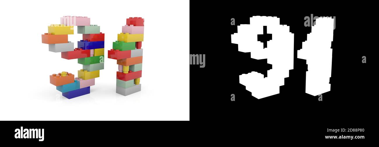 Colorful toy plastic number ninety-one (number 91) from building bricks ...