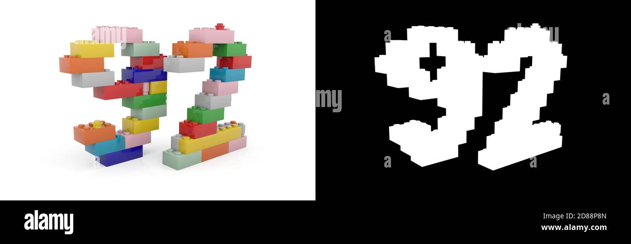 Colorful toy plastic number ninety-two (number 92) from building bricks ...