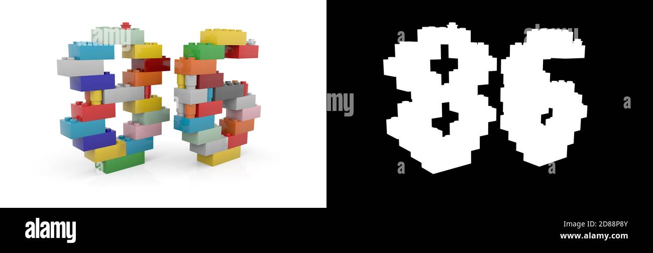 Colorful toy plastic number eighty-six (number 86) from building bricks ...