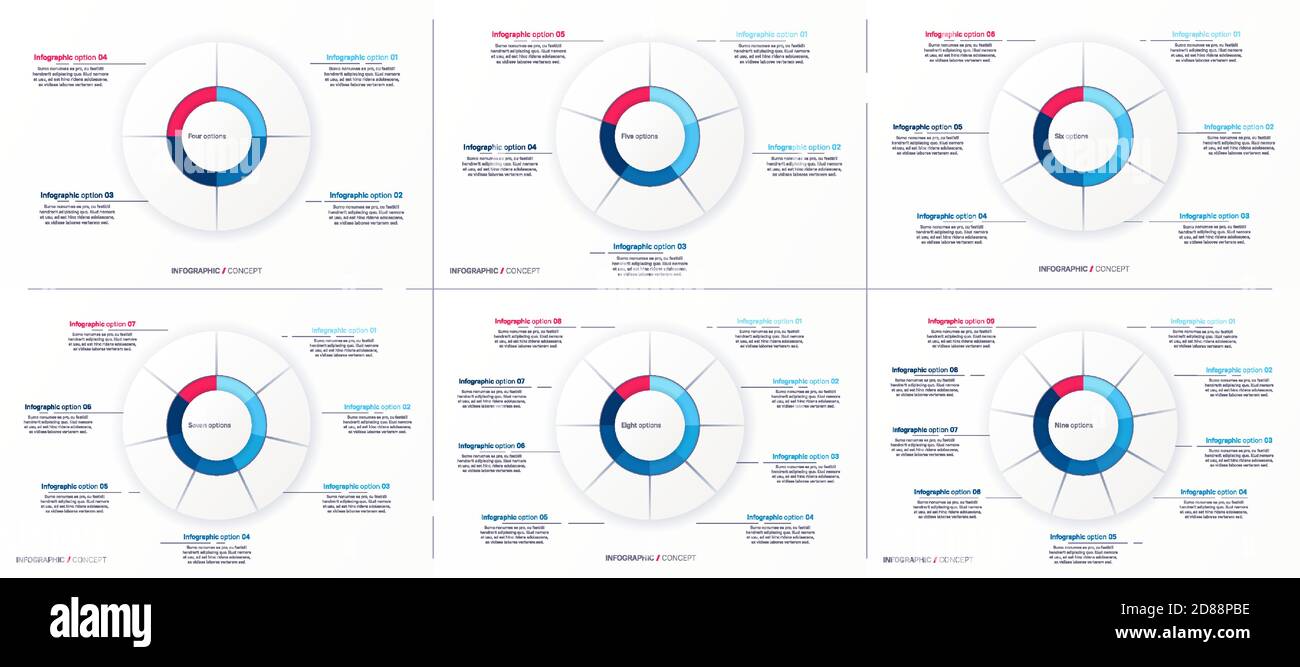 Vector infographic round chart templates. 4 5 6 7 8 9 options, steps ...