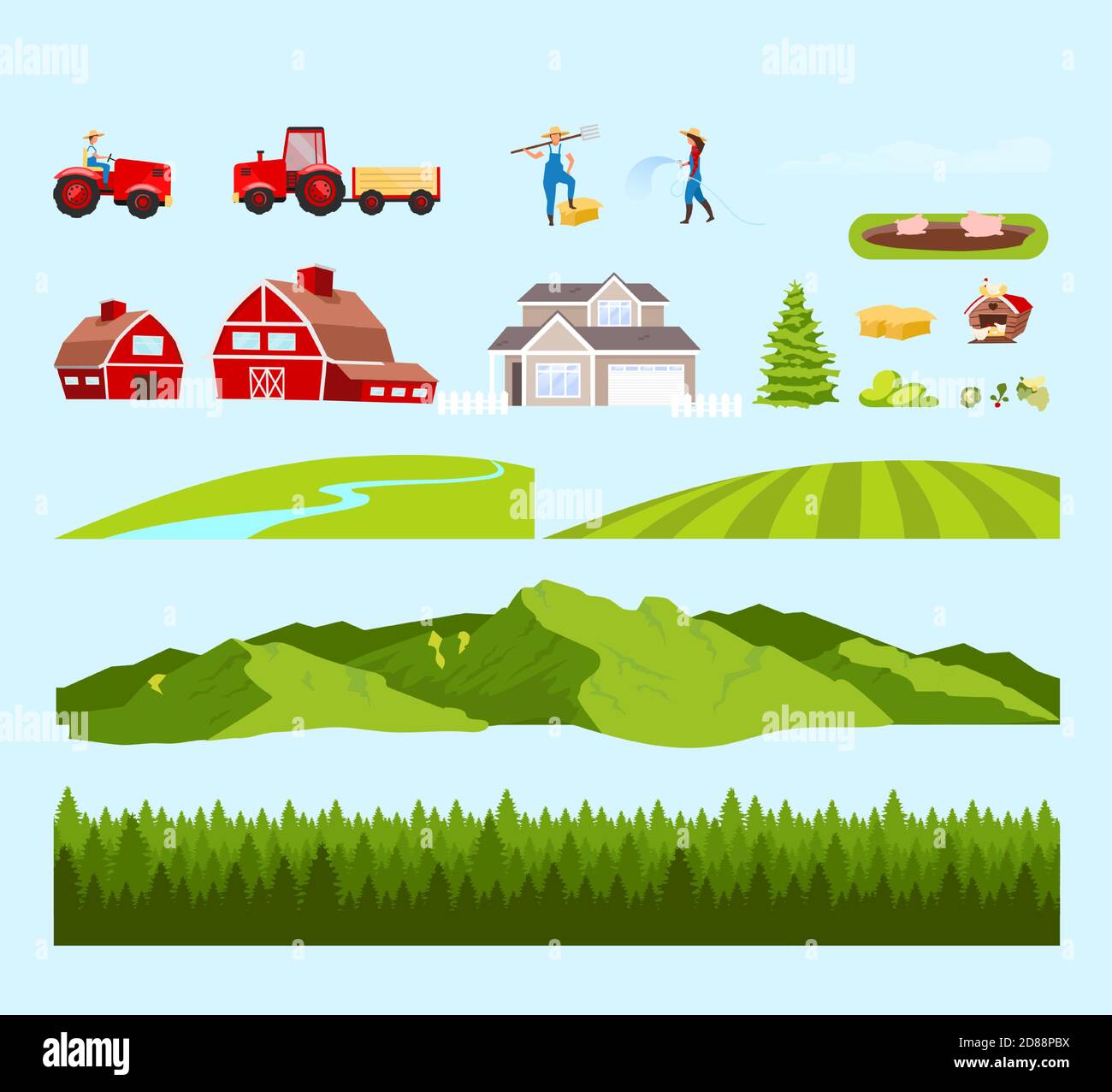 Village workers and fields cartoon vector objects set Stock Vector ...