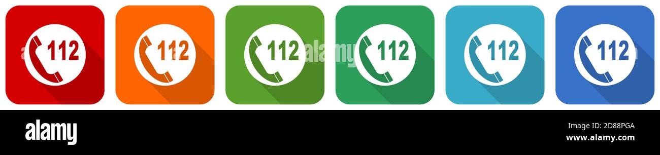 Emergency call icon set, flat design vector illustration in 6 colors ...