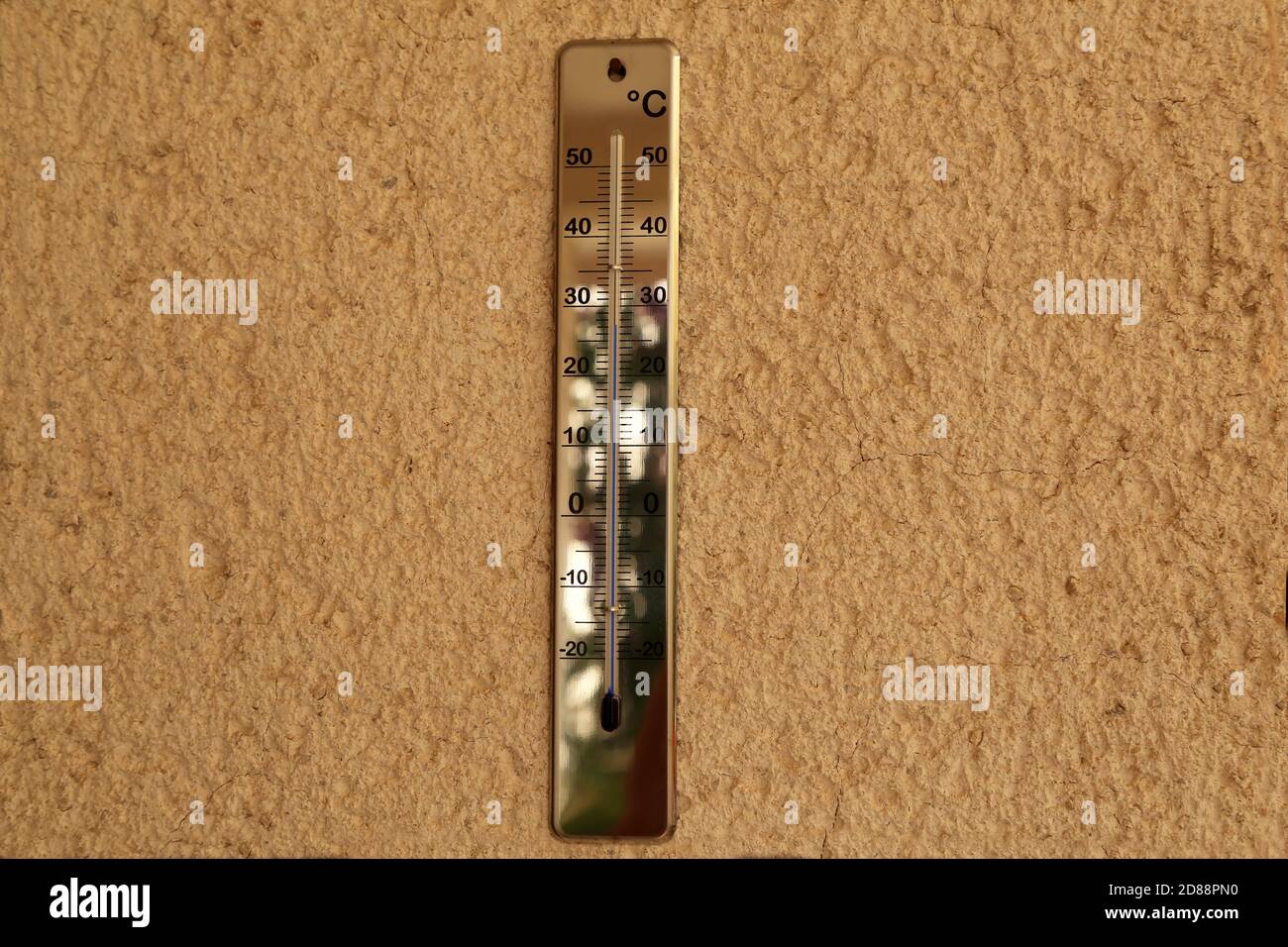 The thermometer on the wall shows a high temperature on a hot day Stock ...