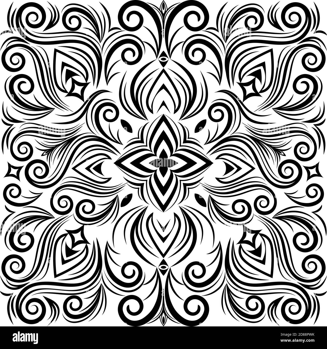 Vector Abstract Black And White Ornament Curve Swirls Seamless Pattern With Flowers And Curls