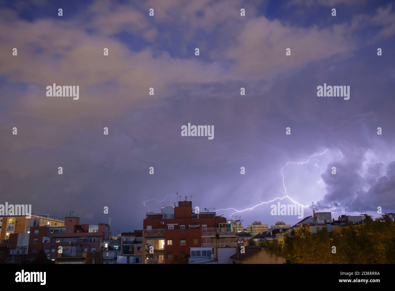 Electric storm over a neighbourhood in Barcelona. Catalonia. Spain ...