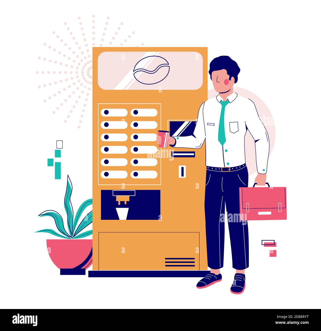 Businessman with coffee cup standing next to coffee vending machine ...