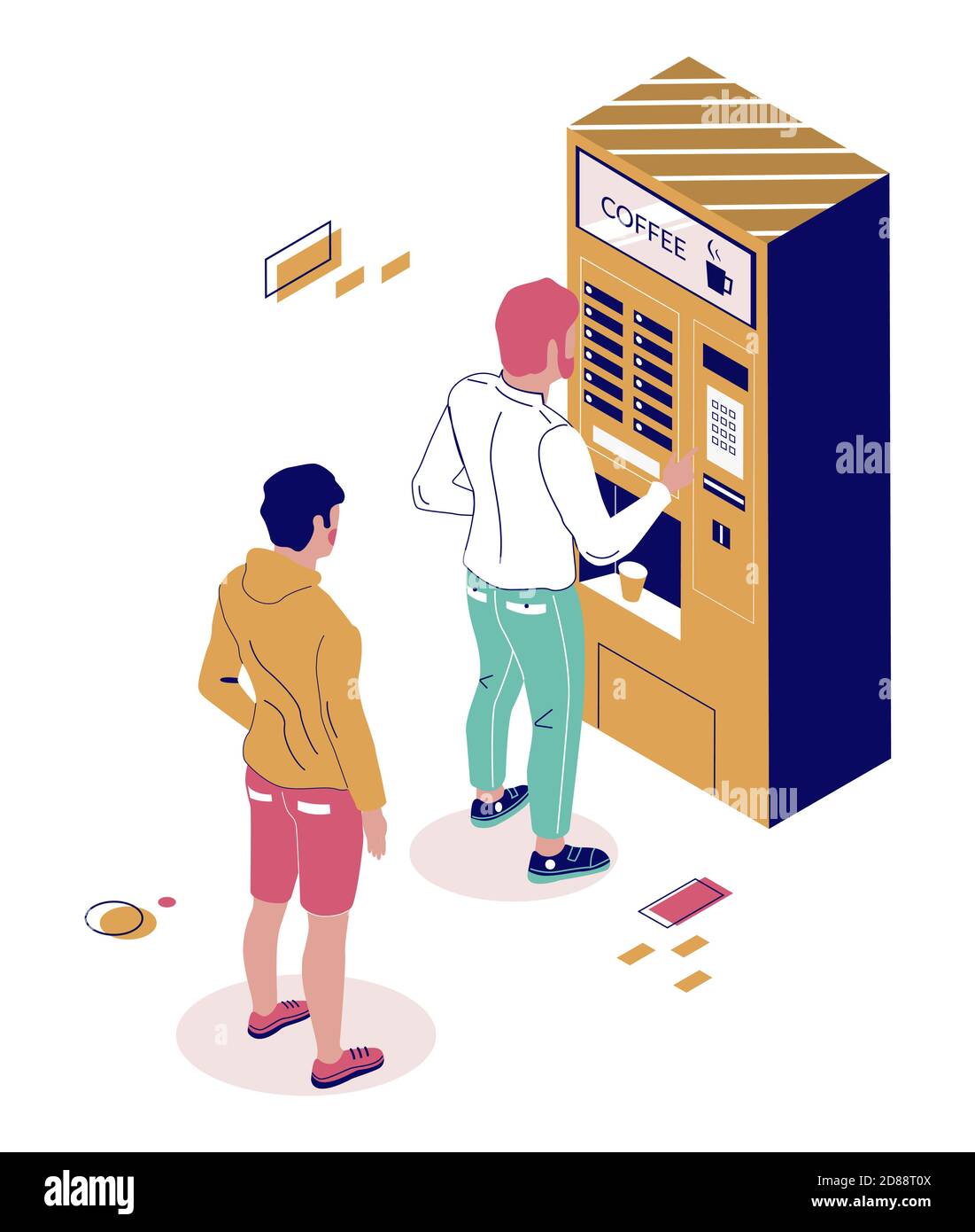 People buying coffee drink from coffee vending machine, flat vector isometric illustration ...
