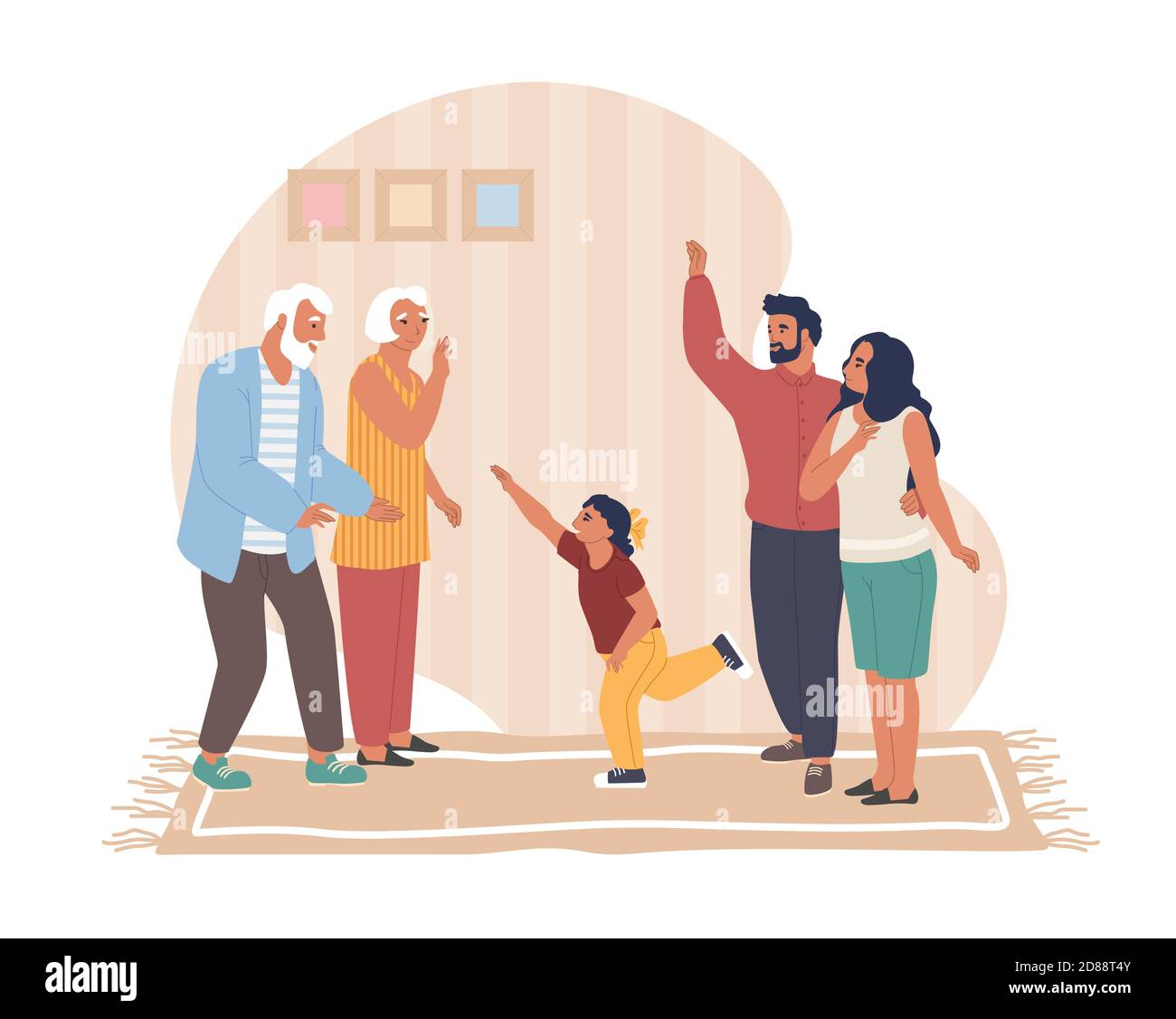 Happy father, mother and daughter visiting their senior parents, flat ...