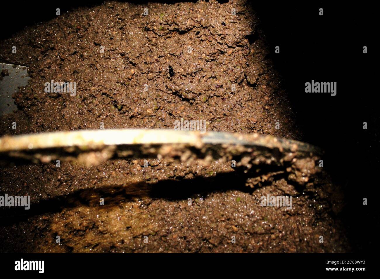 Olive paste in malaxation tank during extra virgin olive oil extraction ...