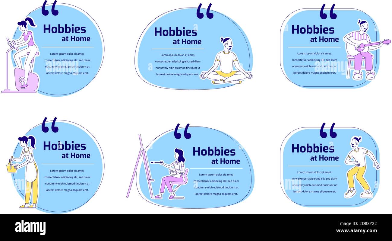 Hobbies at home flat color vector characters quotes set Stock Vector ...
