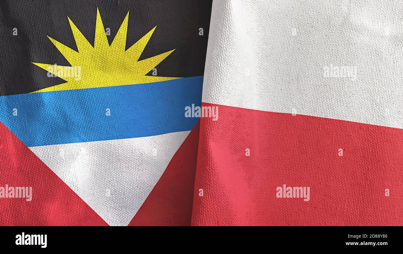 Poland and Antigua and Barbuda two flags textile cloth 3D rendering ...