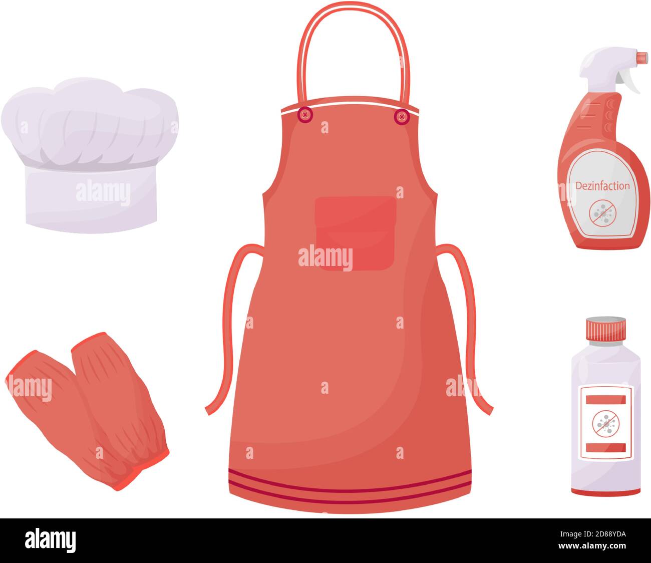Cook uniform items and sanitizers flat color vector objects set Stock ...
