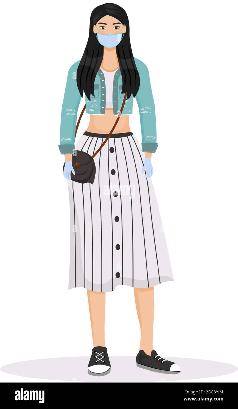 Young woman wearing face mask flat color vector faceless character ...