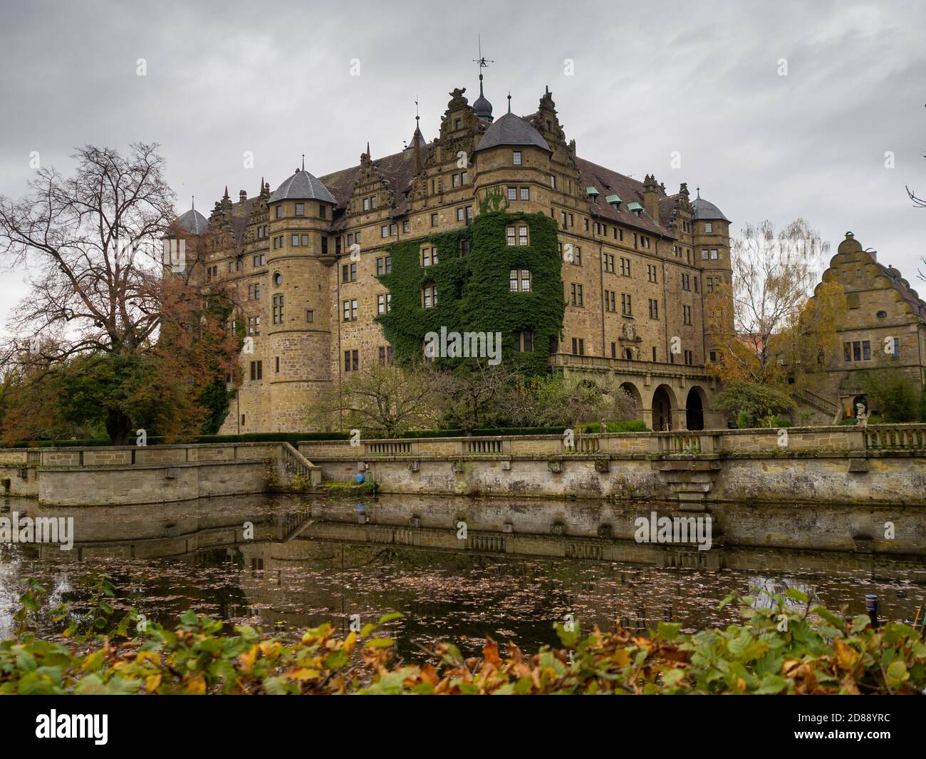 Neuenstein Schloss reflected in the moat Stock Photo - Alamy