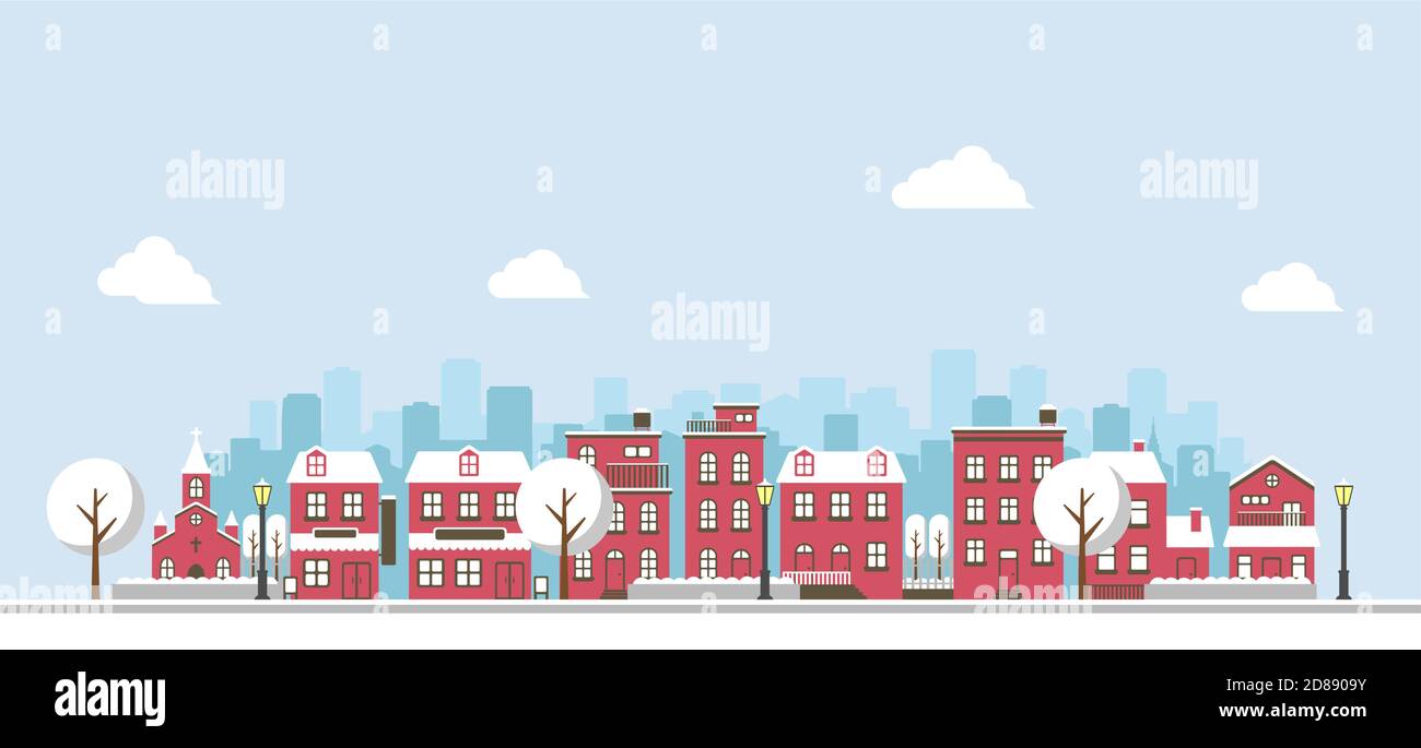 Modern city / town street flat vector illustration (winter season Stock ...