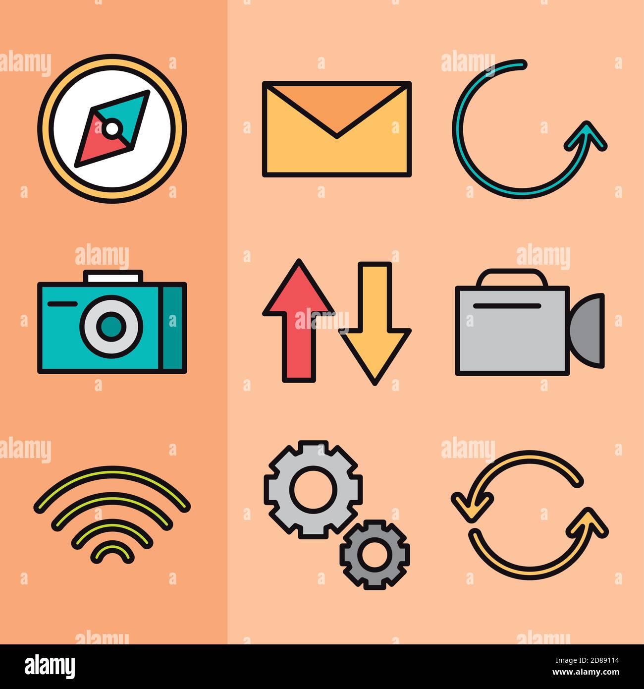 user interface compass email reload camera wifi set icons linear and fill style vector ...