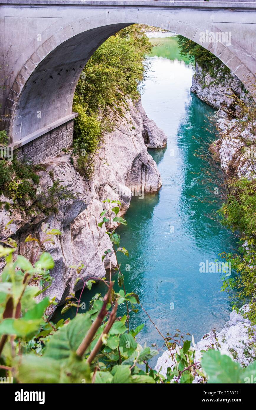 Caporetto, Kozjak waterfalls, Isonzo river nestled in the Julian pre ...