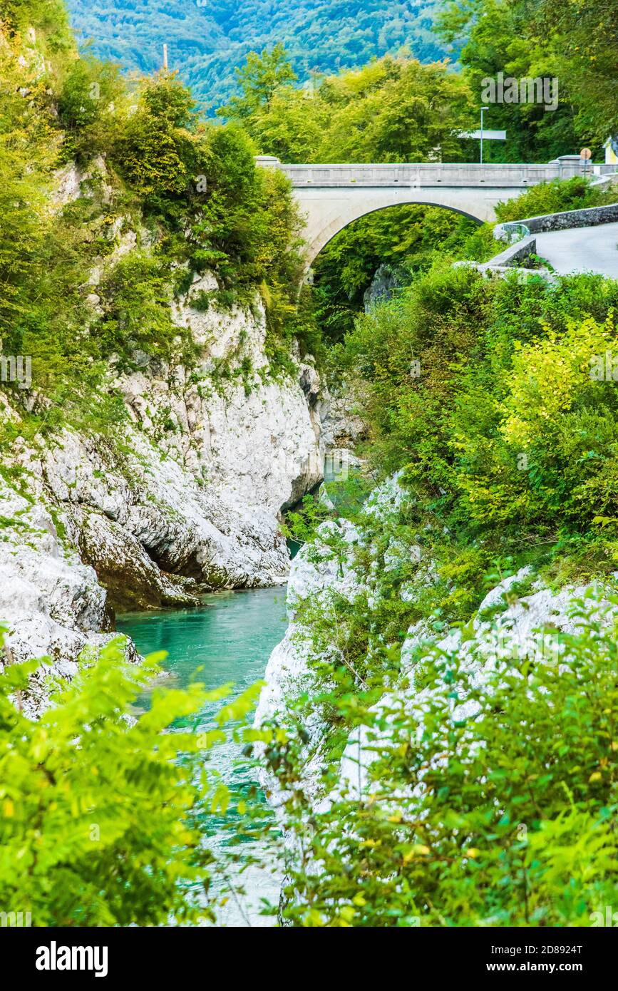 Caporetto, Kozjak waterfalls, Isonzo river nestled in the Julian pre ...