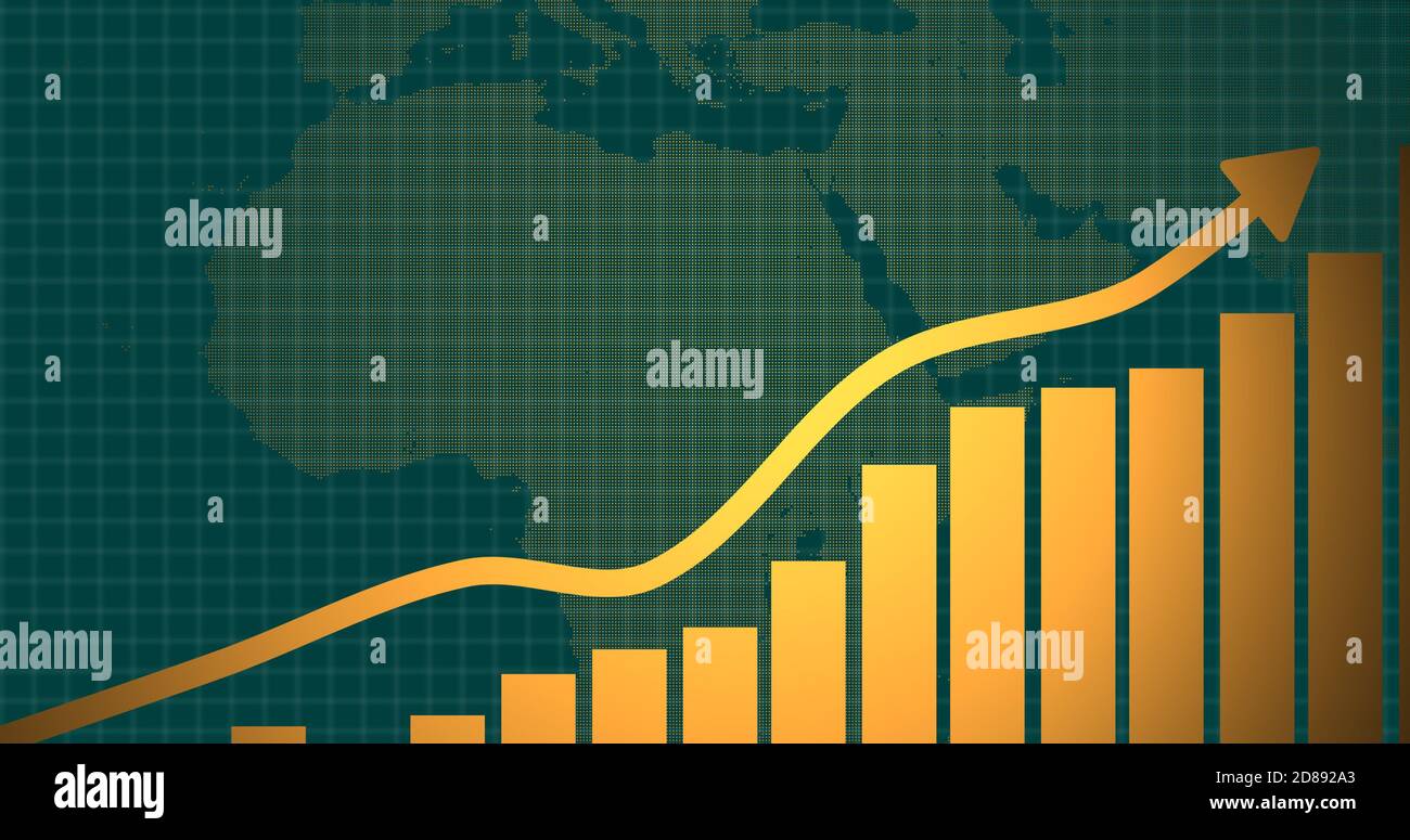 Growing arrow over dot line world map. business graph showing 3d arrow ...