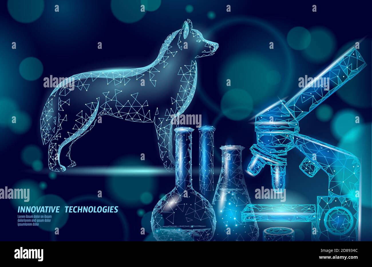 Dog pet standing with microscope lab. Low poly polygonal 3D dog ...
