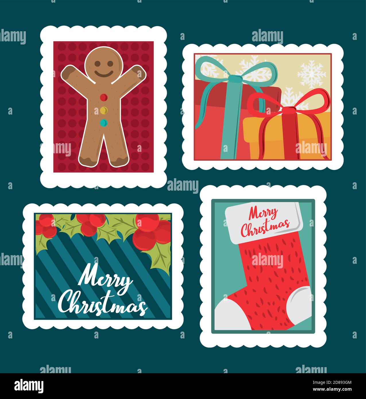 merry christmas postage stamps set, gingerbread man, gifts, stocking ...