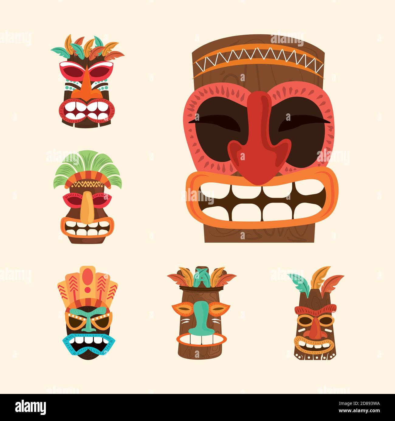 tiki faces icons set, exotic ornament isolated on white background ...