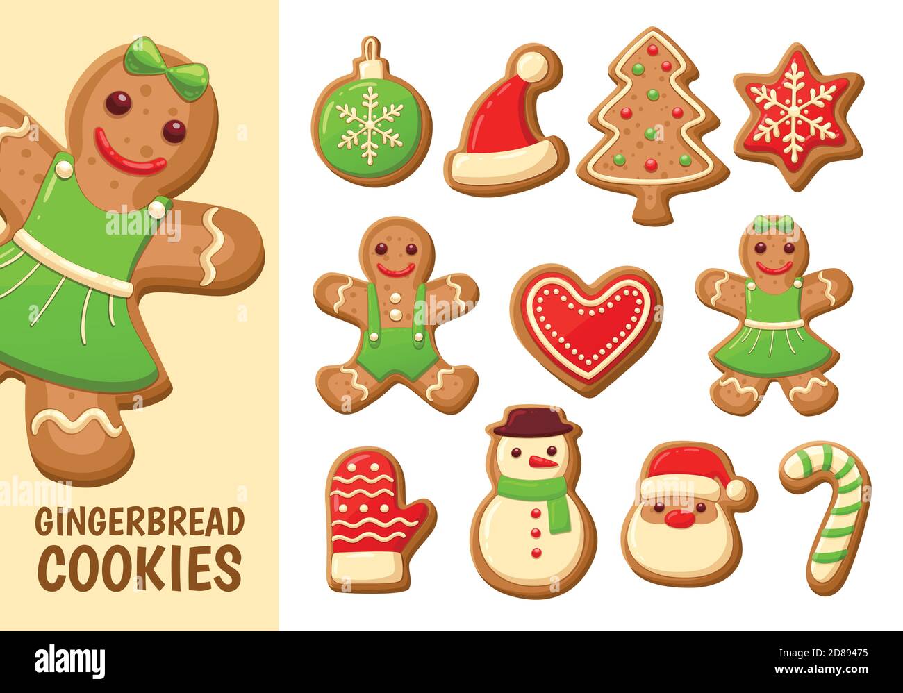 Set Of Cute Gingerbread Cookies For Christmas Isolated On White