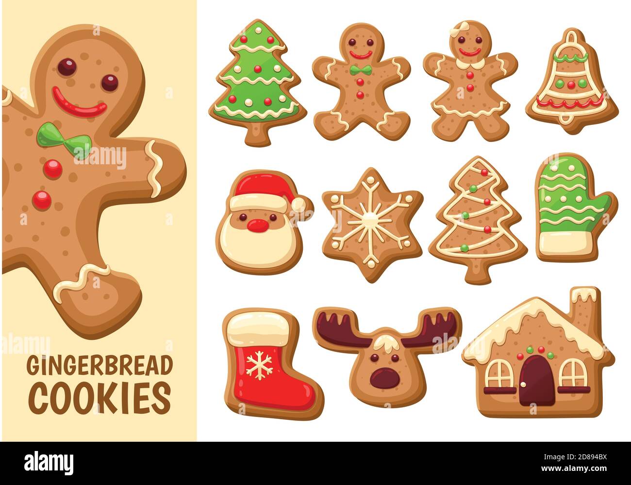 Set Of Cute Gingerbread Cookies For Christmas Isolated On White