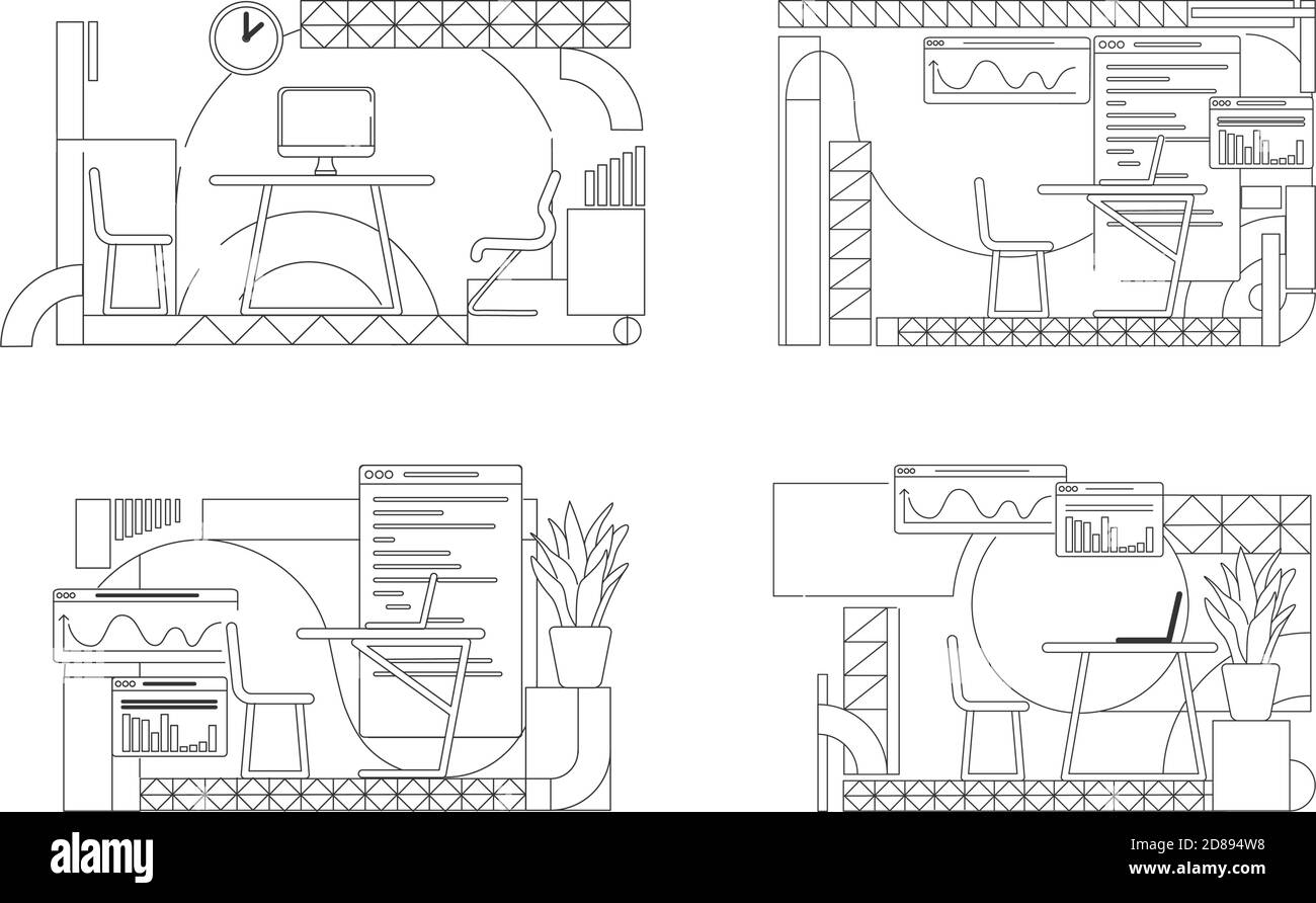 Office interior designs outline vector illustrations set Stock Vector ...