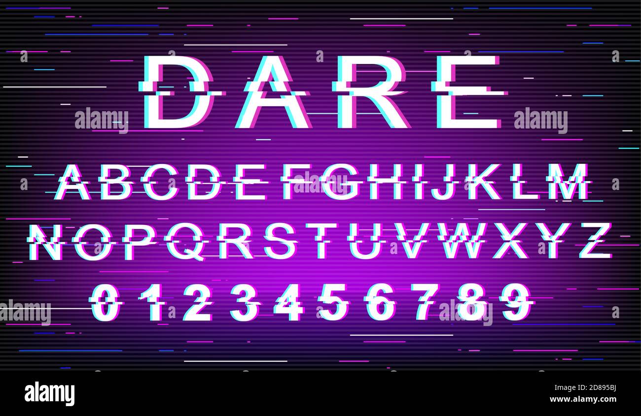 Dare glitch font template. Retro futuristic style vector alphabet set ...
