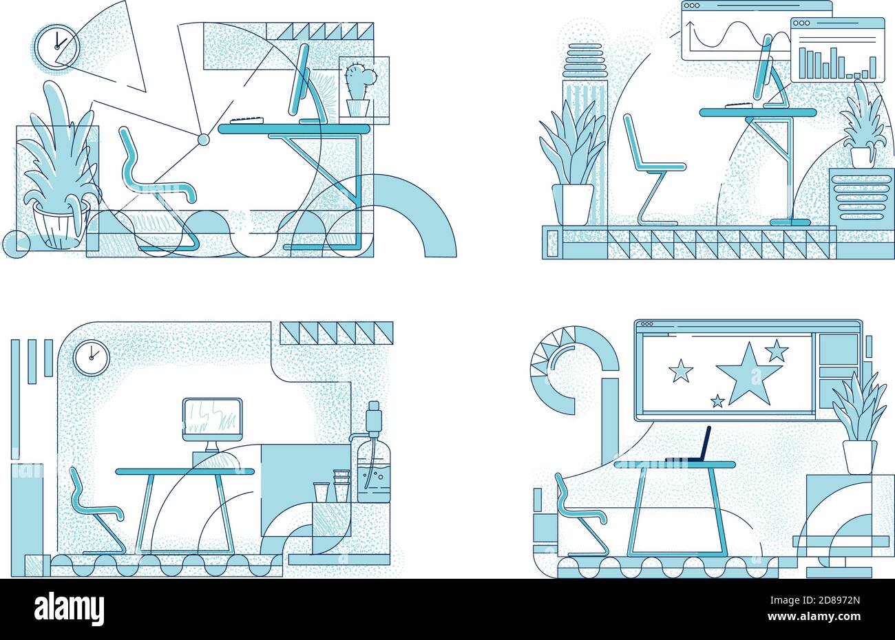 Modern office interior designs outline vector illustrations set ...