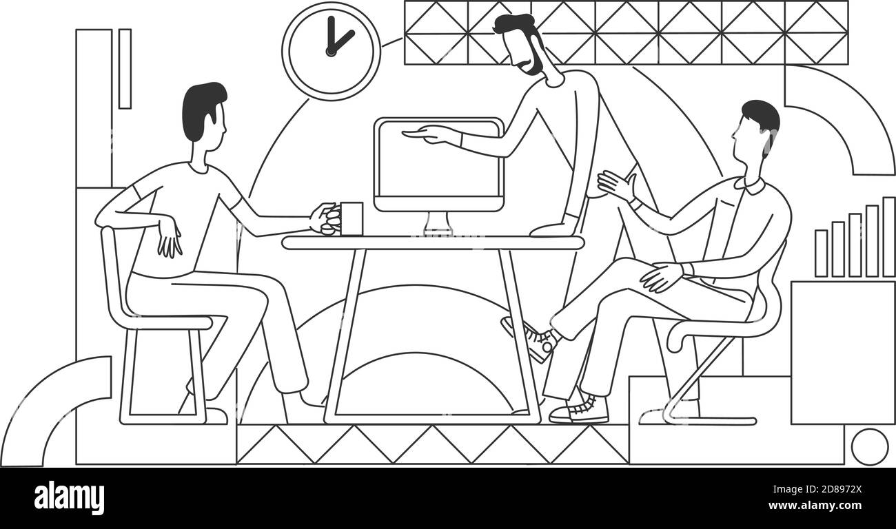 Working process thin line vector illustration. Coworkers discussing ...