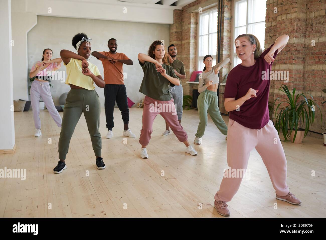 Group of people learning dance exercises with instructor in dance hall ...