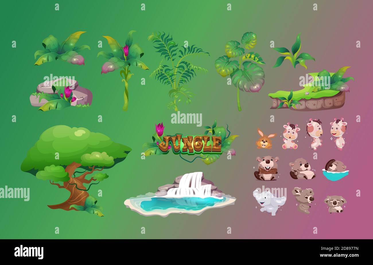 Jungle flora and fauna cartoon vector objects set Stock Vector Image ...